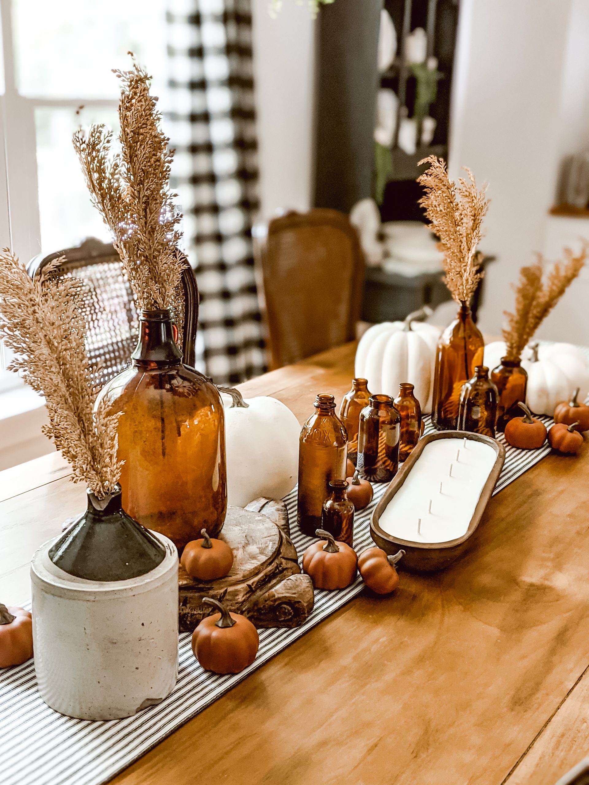 Vintage Farmhouse Tablescape for Fall - White and Woodgrain