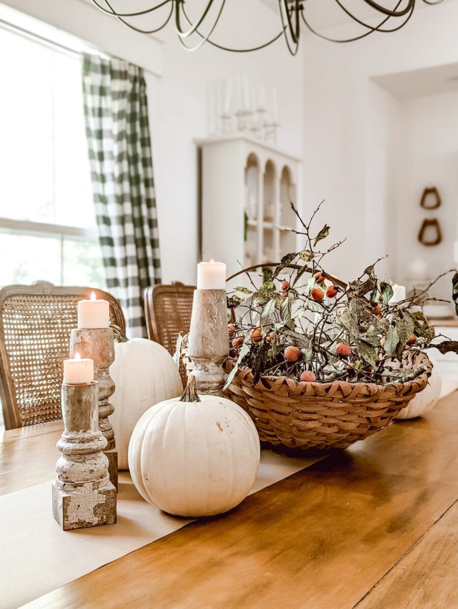 How to Style an Antique Harvest Basket for Fall - White and Woodgrain